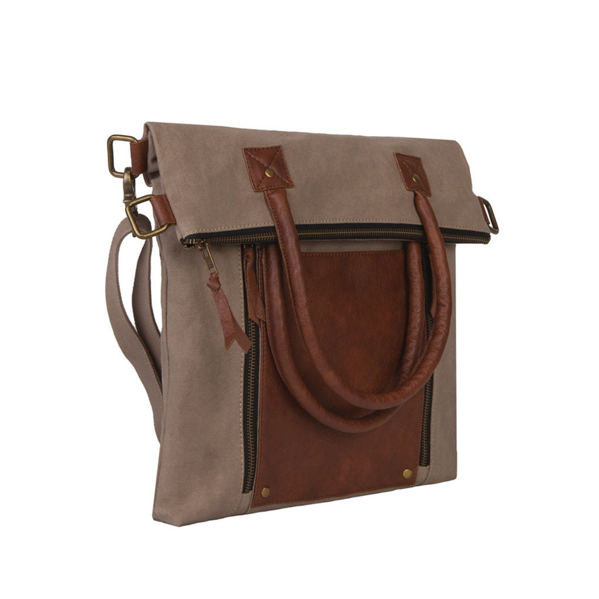 Mona B. Fold-Over Up-cycled and Re-cycled Canvas Tote Bag with Vegan L ...